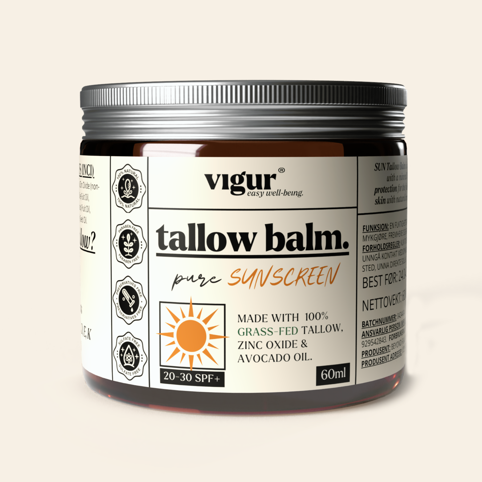 Solkrem ''NATURELL'' av Økologisk Talg & Zinc – Vigur.no